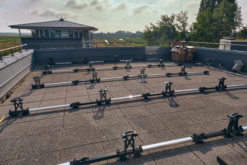 Solar Panel Mounting System Installation on Modern Rooftop Terrace ...