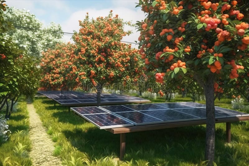 Solar Panel in an Orchard in Sun. Clean Technologies of Future. AI ...