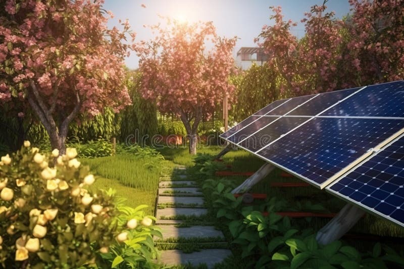 Solar Panel in an Orchard in Sun. Clean Technologies of Future. AI ...