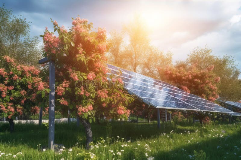 Solar Panel in an Orchard in Sun. Clean Technologies of Future. AI ...