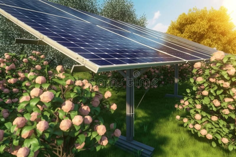 Solar Panel in an Orchard in Sun. Clean Technologies of Future. AI ...