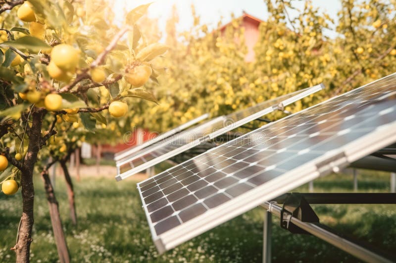 Solar Panel in an Orchard in Sun. Clean Technologies of Future Stock ...