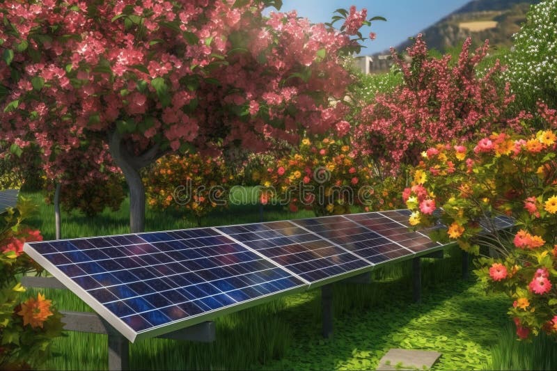 Solar Panel in an Orchard in Sun. Clean Technologies of Future. AI ...