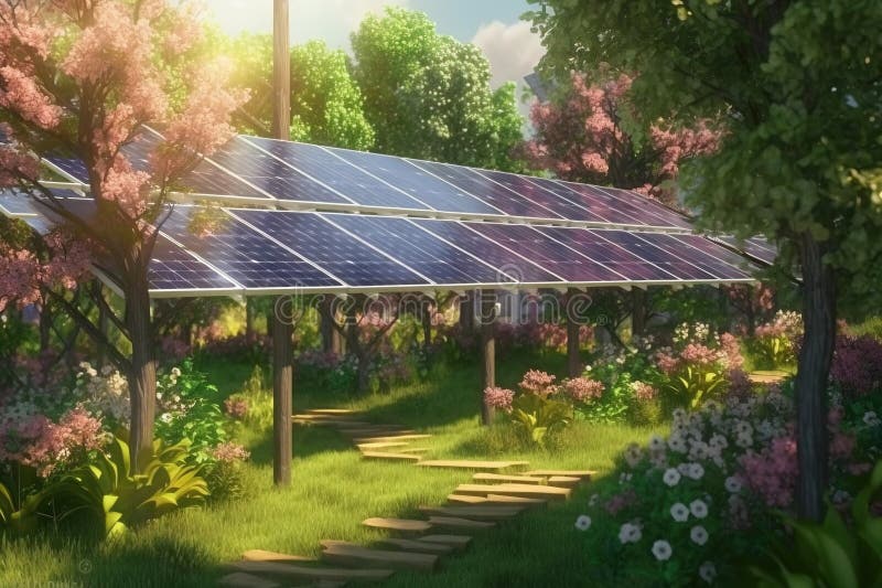 Solar Panel in an Orchard in Sun. Clean Technologies of Future. AI ...