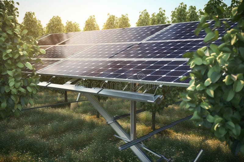Solar Panel in an Orchard in Sun. Clean Technologies of Future. AI ...