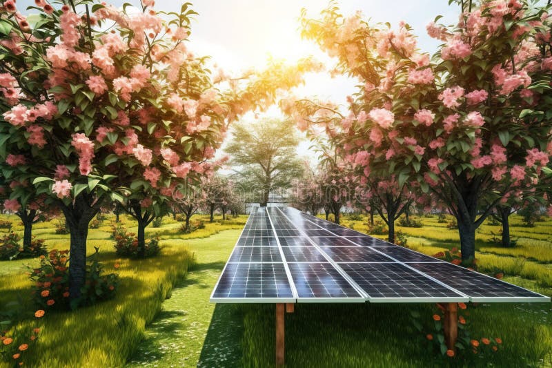 Solar Panel in an Orchard in Sun. Clean Technologies of Future. AI ...