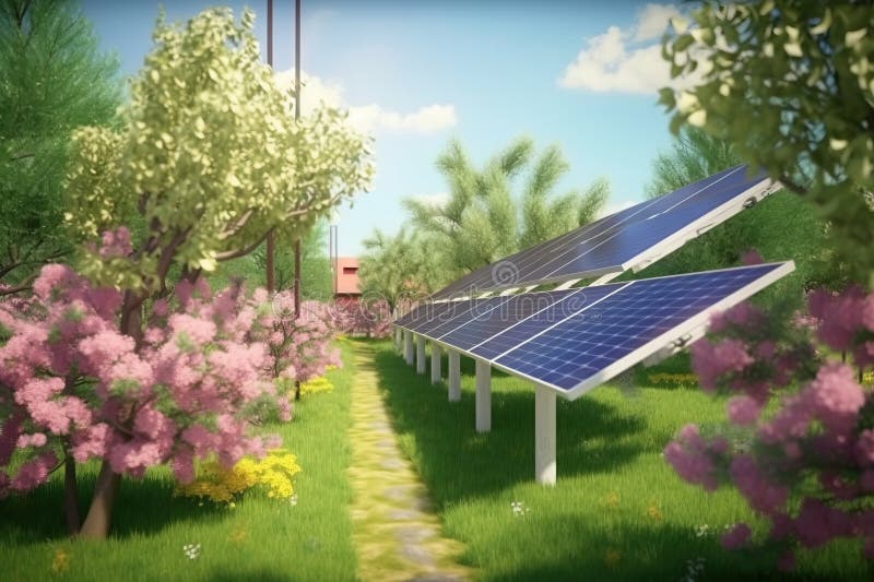 Solar Panel in an Orchard in Sun. Clean Technologies of Future. AI ...