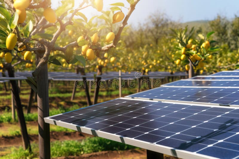 Solar Panel in an Orchard in Sun. Clean Technologies of Future Stock ...