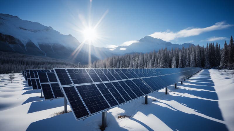Solar Panel Over Winter Mountain and Shining Sun. Solar Energy Green ...