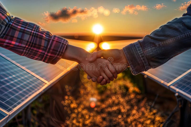 Solar Partnership: Shaking Hands Over Panels at Sunset, Generative Ai ...