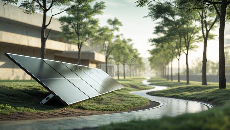 Solar Panel on Path Lined with Trees in Urban Environment with Building ...