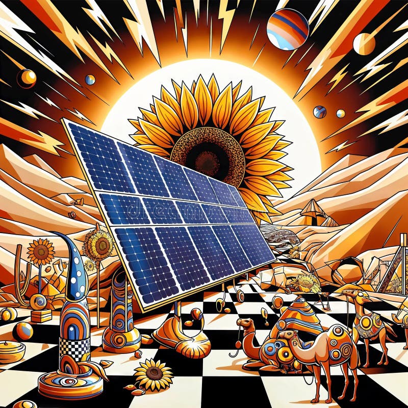 Solar Panel with Desert Scene and Rocket, Generative Ai Stock ...