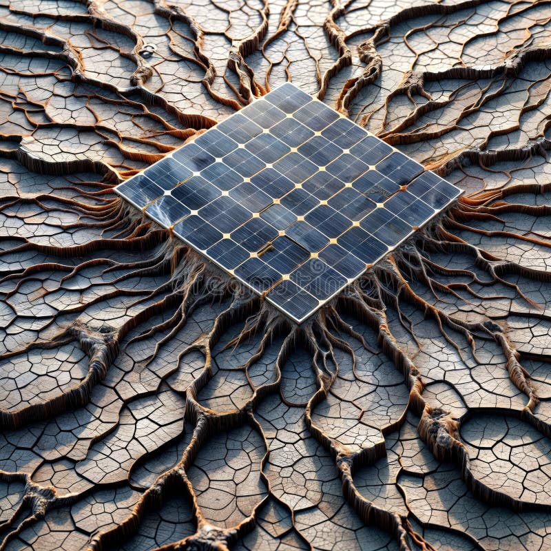 Renewal from Desolation: Solar Panel Amidst Cracked Earth and Roots ...
