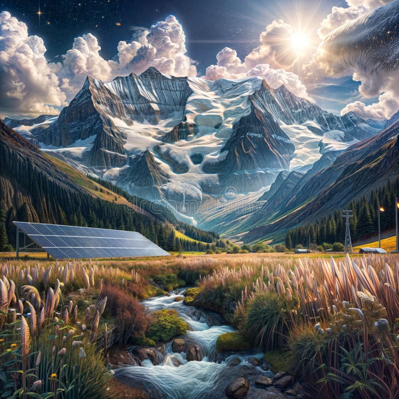 Natural Integration: Solar Panel in Field with River and Mountains ...