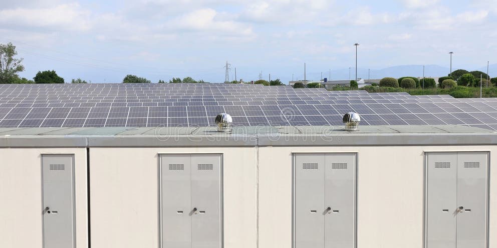 Solar Panel Power Plant with Storage and Utility Building in Front of ...