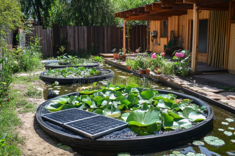 Solar Panel Powered Pond with Water Lilies and Green Plants Stock ...