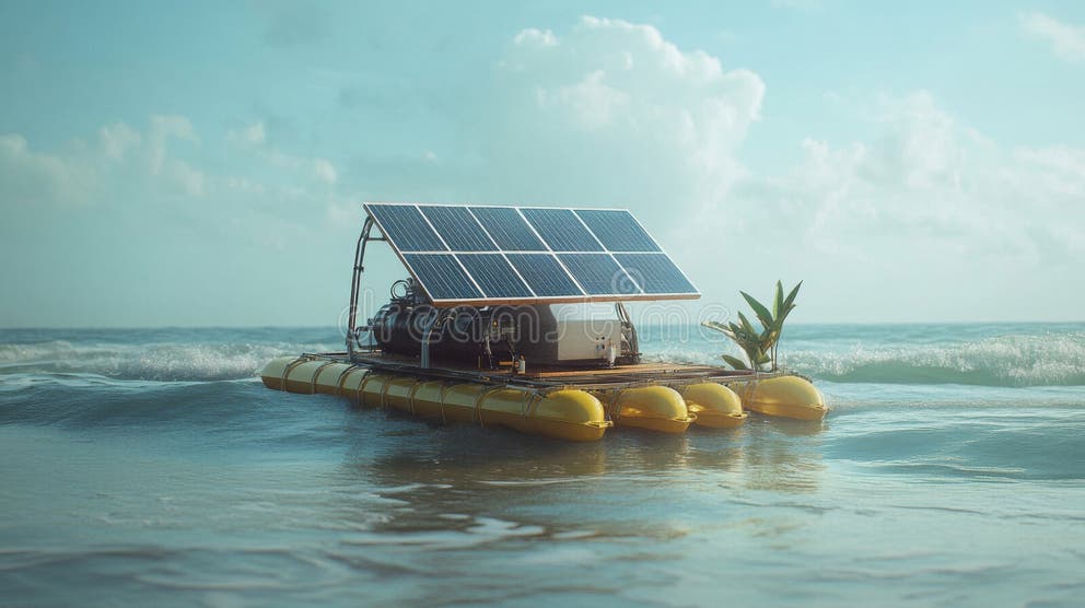 Solar Panel Powered Raft on Tropical Ocean Beach Stock Illustration ...