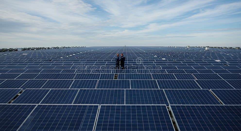 Solar Panel Powerhouse: Engineers Inspecting Vast Array of Renewable ...