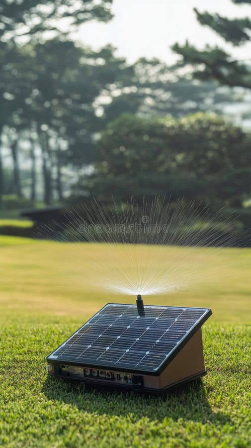 Solar Powered Irrigation System Watering Green Grass in a Park Stock ...