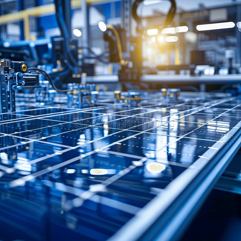 A Solar Panel Production Line Showcases a Blue Panel on a Conveyor Belt ...