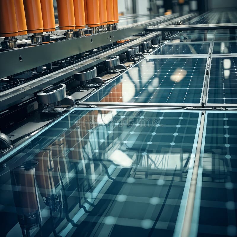 Blue Solar Panels Move Along a Production Line with Orange Machinery ...