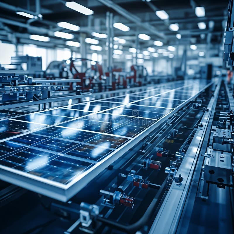A Solar Panel Production Line Features a Blue-tinted Atmosphere ...
