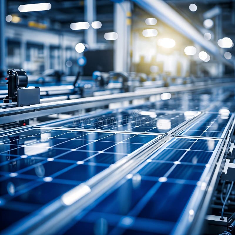 A Solar Panel Production Line Displays a Blue-tinted Manufacturing ...