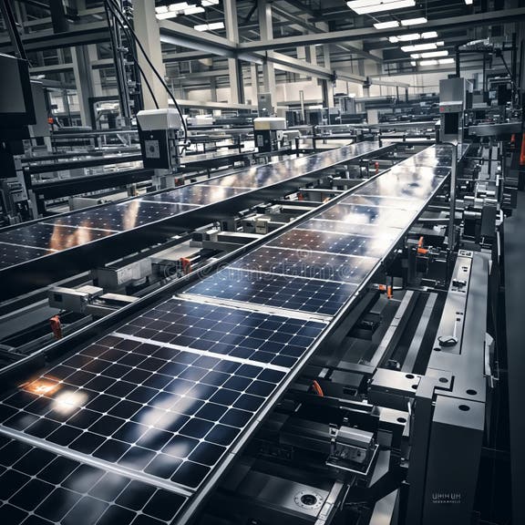 Shiny Solar Panels Move Along a Production Line in a High-tech Facility ...