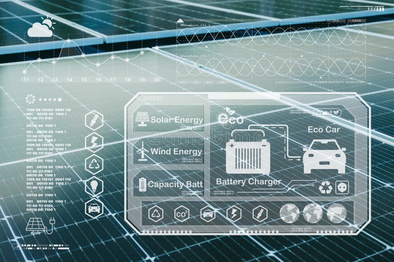 Solar Panel PV System or Solar Farm Clean Energy Overlay Graphics HUD ...