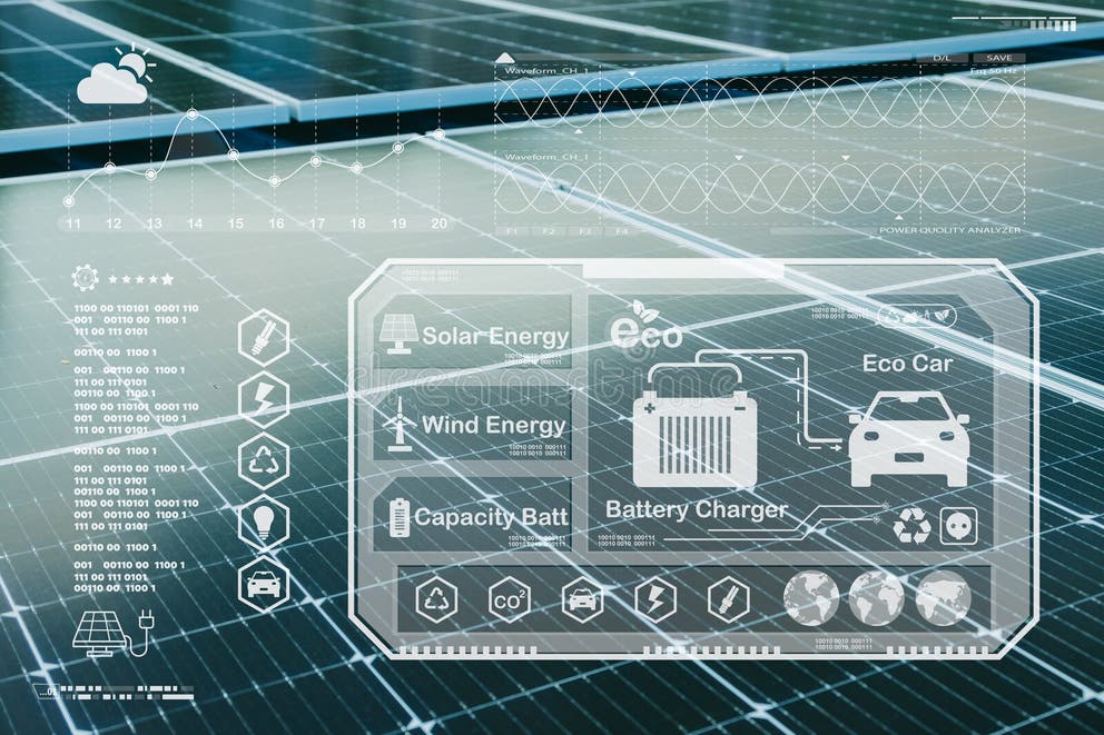 Solar Panel PV System or Solar Farm Clean Energy Overlay Graphics HUD ...