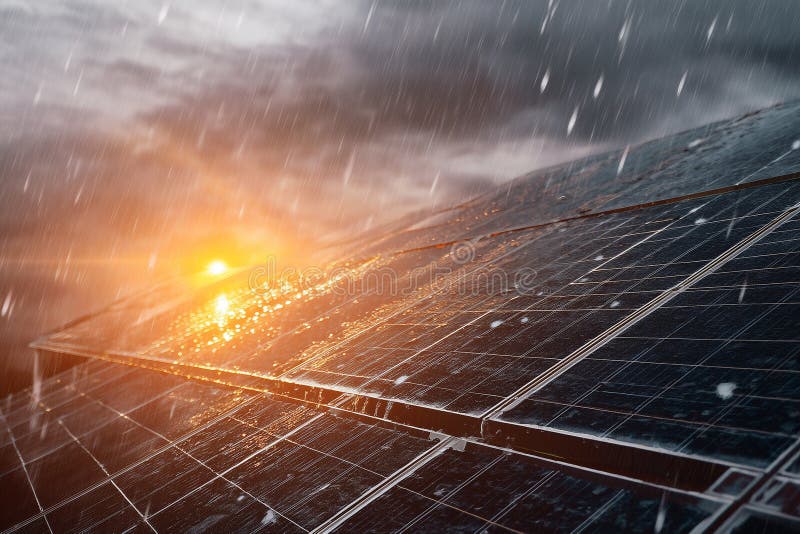 Solar Panel in Rain and Sunset Stock Image - Image of dramatic ...
