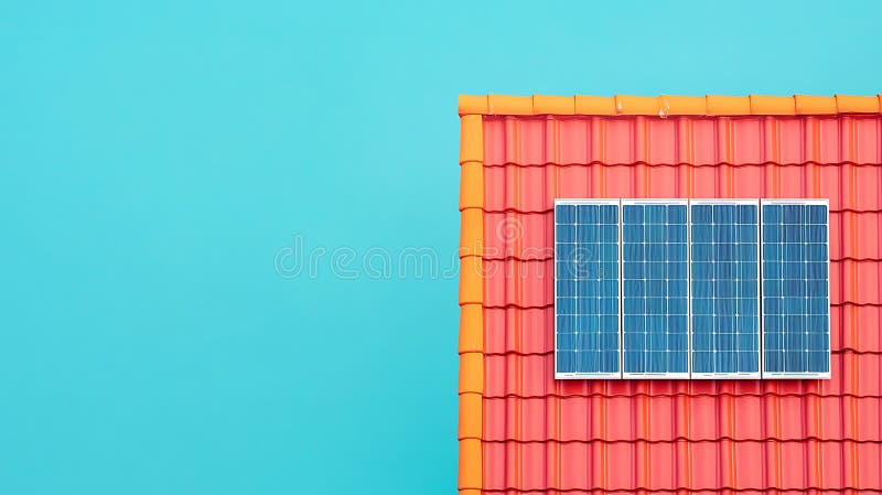 Solar Panel on Red Roof Against Blue Background Stock Illustration ...