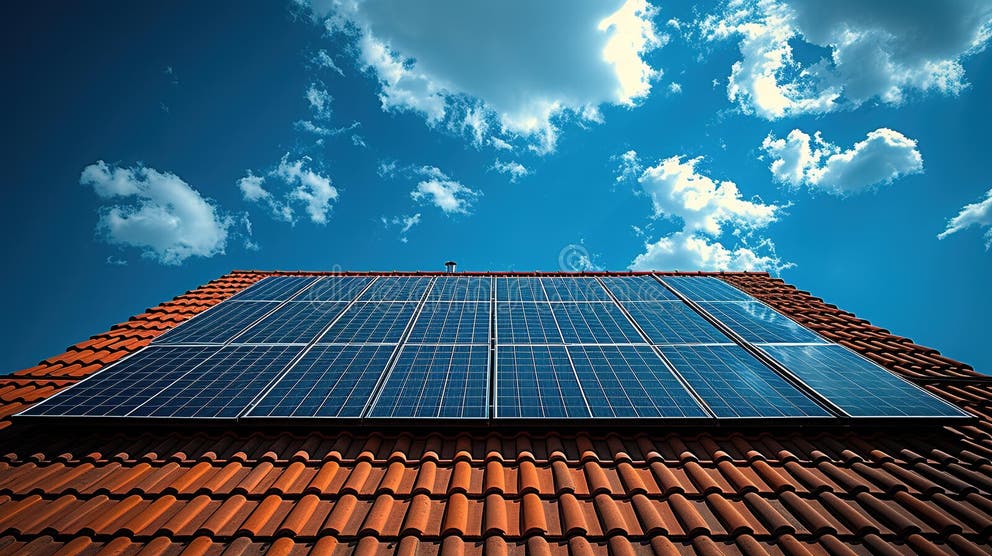 Solar Panel on a Red Roof Reflecting the Sun and the Cloudless Blue Sky ...