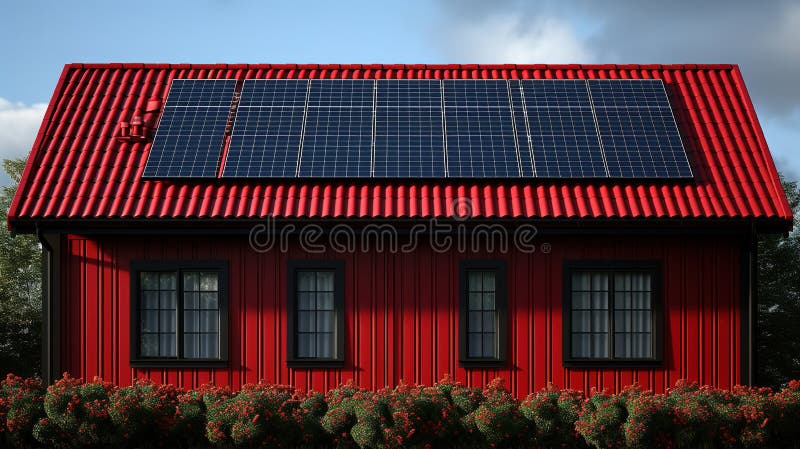 Solar Panel on a Red Roof Reflecting the Sun and the Cloudless Blue Sky ...