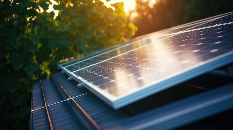 Solar Panel on a Red Roof Reflecting the Sun and the Cloudless Blue Sky ...
