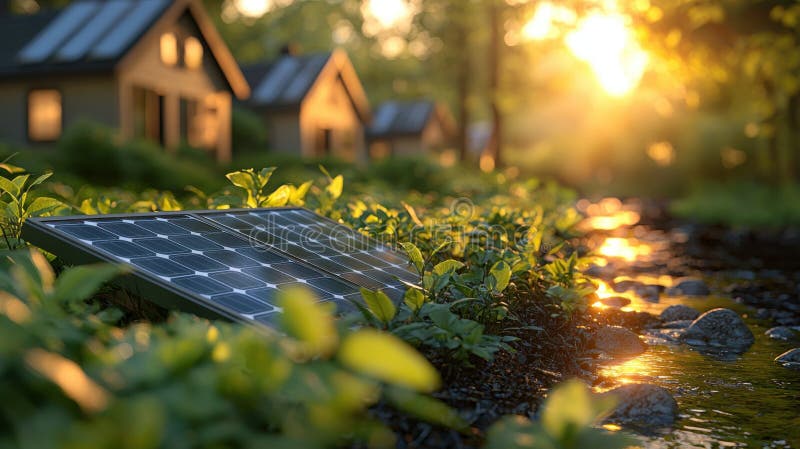 Solar Panel Reflecting Sunlight Near Stream and Houses in Nature Stock ...