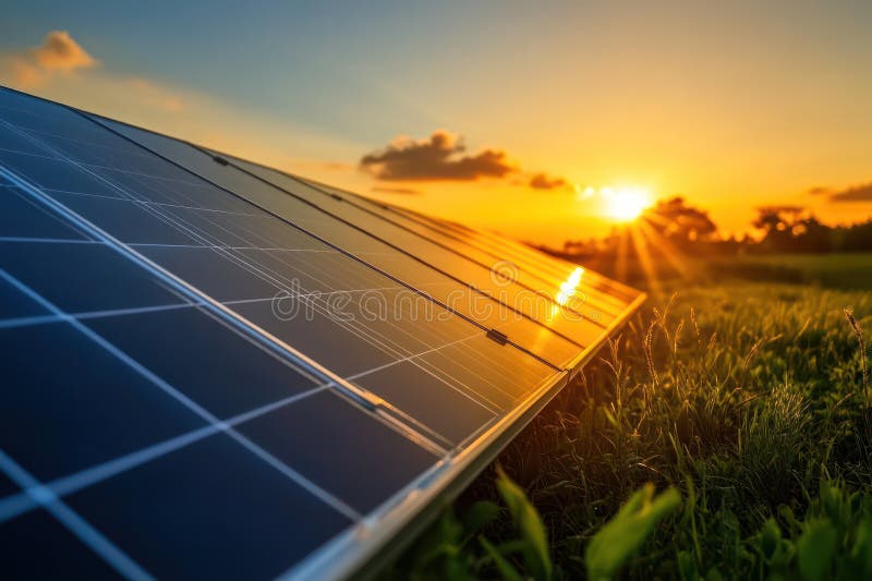 Solar Panel Reflecting Sunset Light in Green Field Stock Image - Image ...