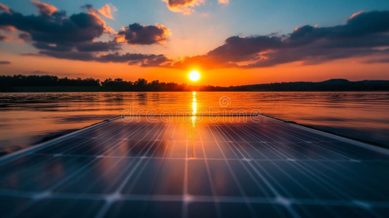 Solar Panel Reflecting Vibrant Sunset Over Calm River Stock ...
