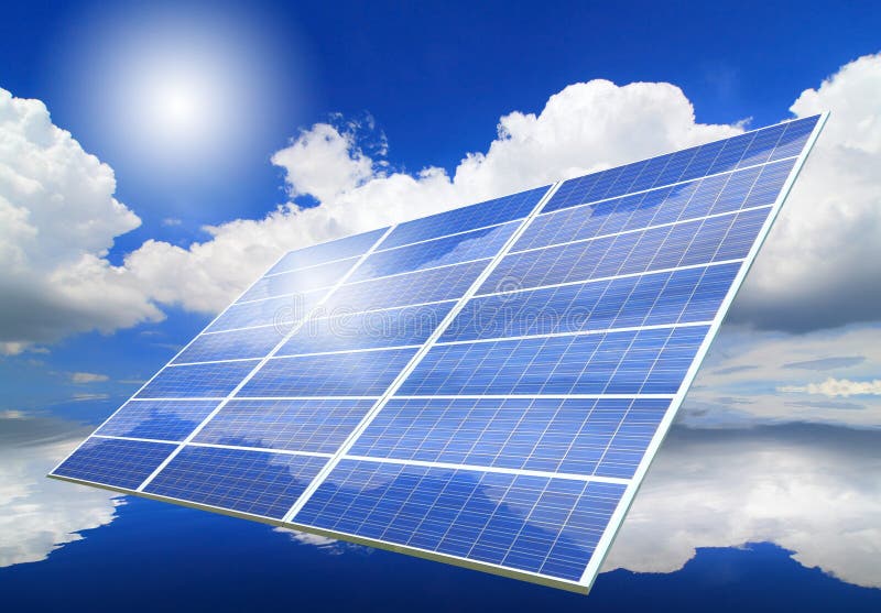 Solar Panel With Reflection Of Blue Sky Stock Photo - Image of generate ...