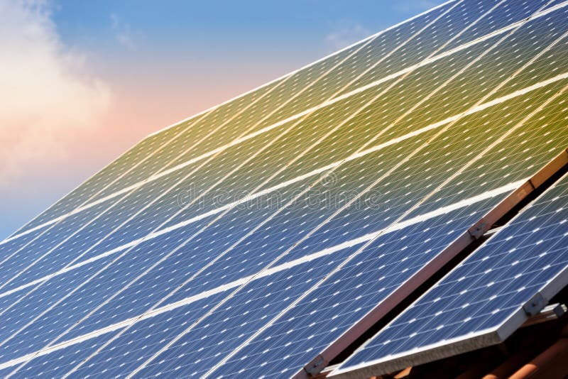 Solar Panel Closeup With Sky And Sun Reflection Stock Image - Image of ...