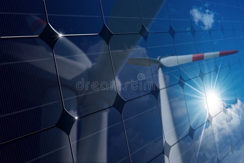 Solar Panel with Reflection of Wind Turbines Stock Photo - Image of ...