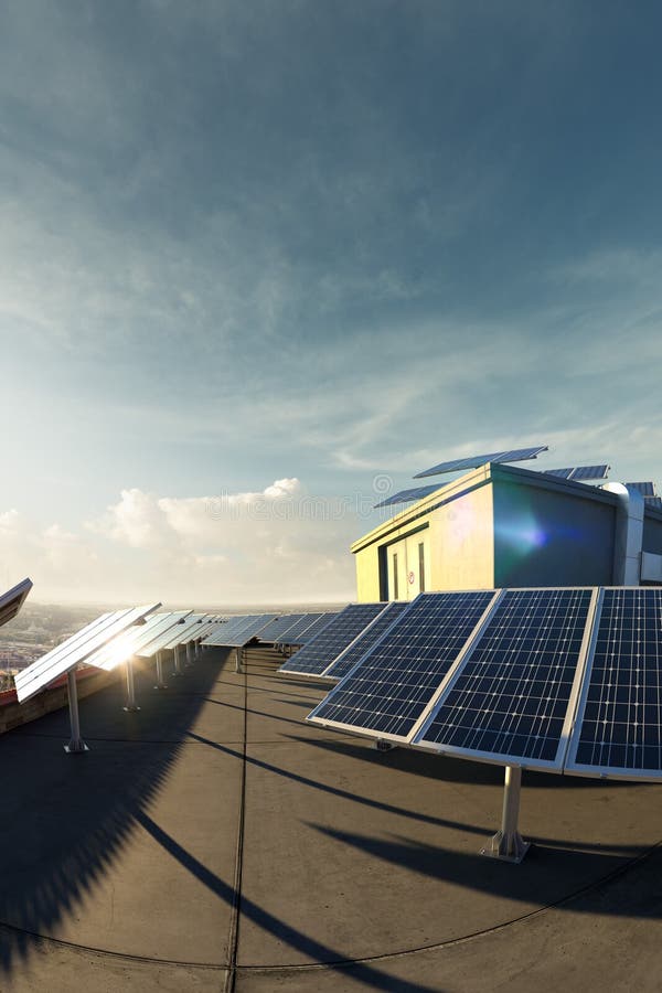Solar Panel in the Roof Around Big City and Great Background Stock ...