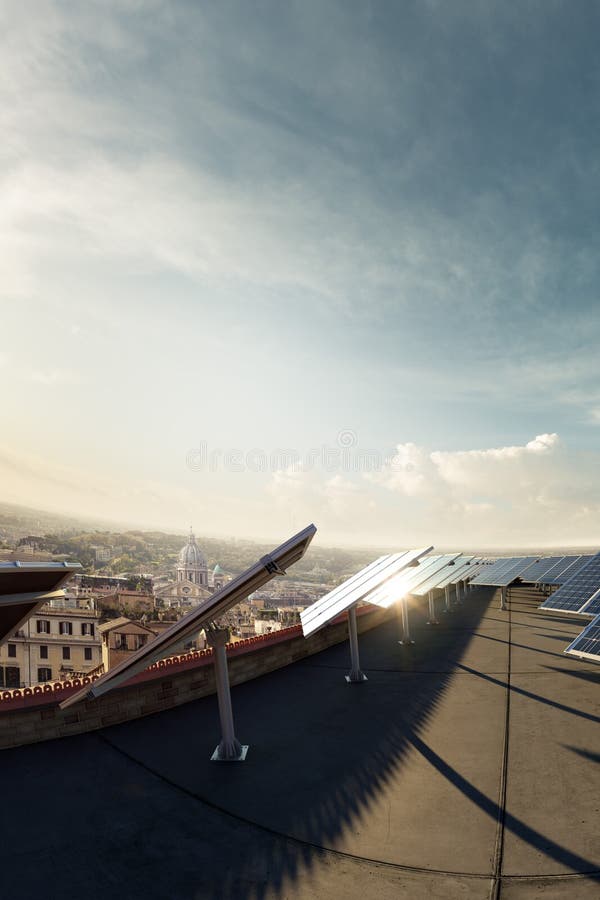 Solar Panel in the Roof Around Big City and Great Background Stock ...