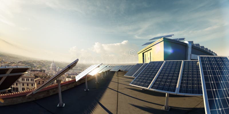 Solar Panel in the Roof Around Big City and Great Background Stock ...