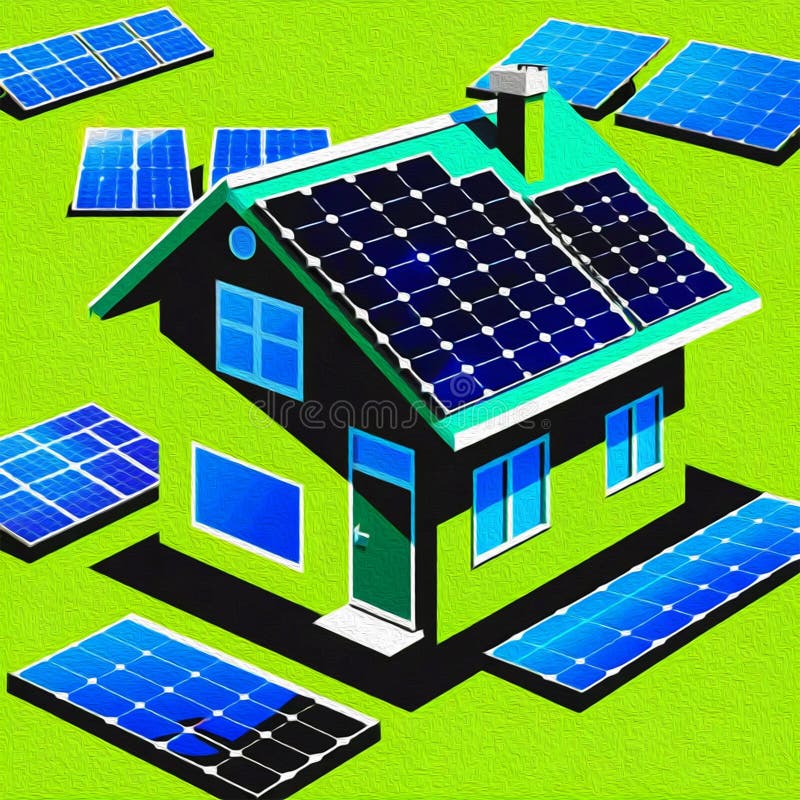 Solar Panel on the Roof of the House . Oil Paint Illustration Stock ...