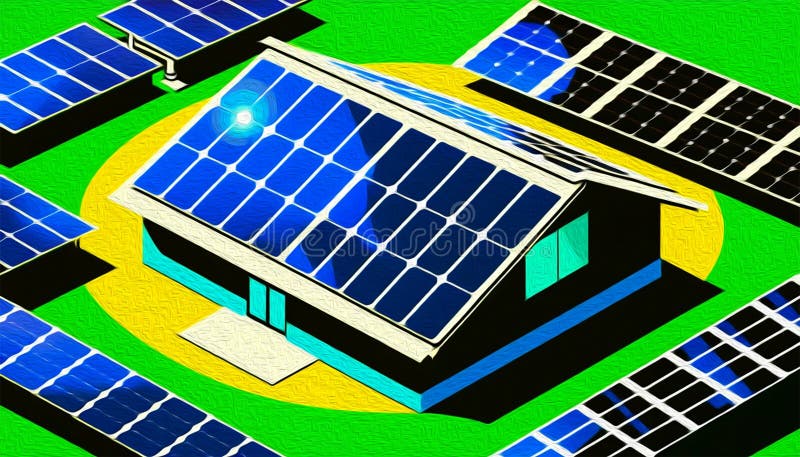 Solar Panel on the Roof of the House . Oil Paint Illustration Stock ...