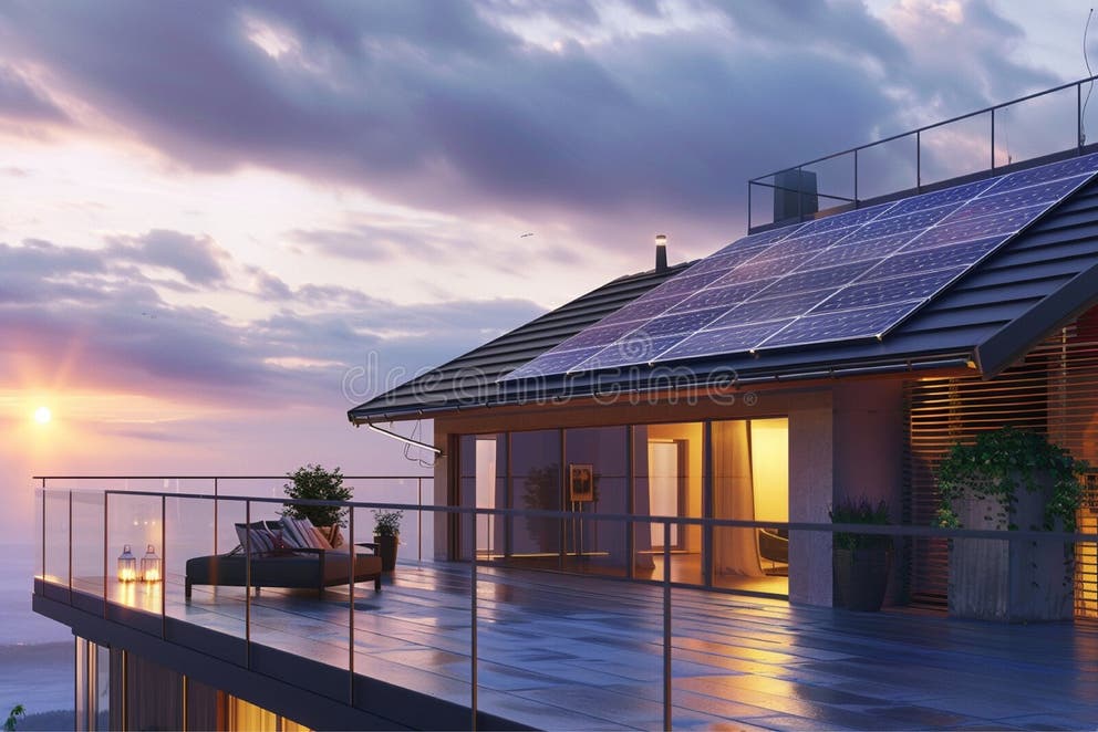 Solar Panel on a Roof Reflecting the Sun Stock Illustration ...