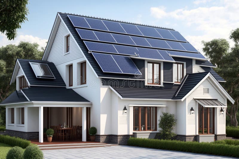 Solar Panel Roof on a Two-Story House. Generative AI Stock Illustration ...