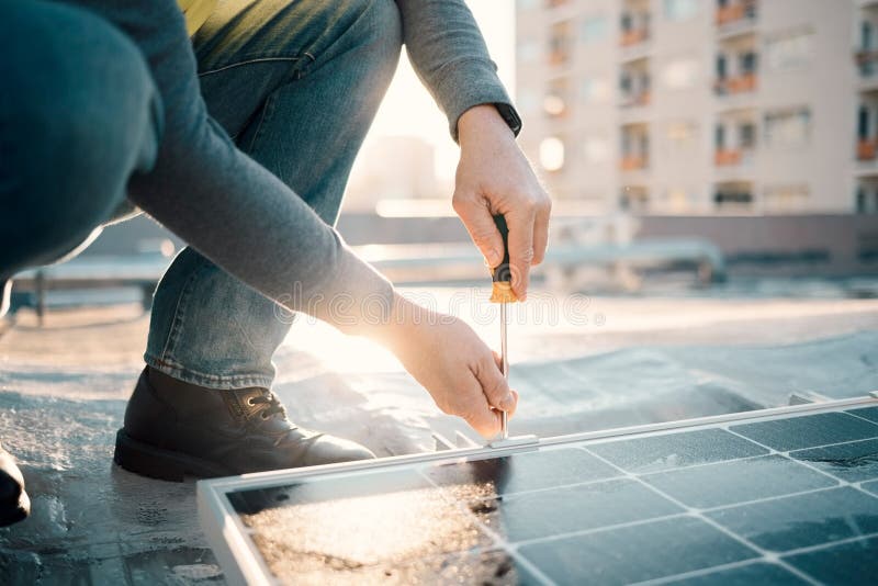 Solar Panel, Screwdriver and Worker Hands with Tools for Renewable ...