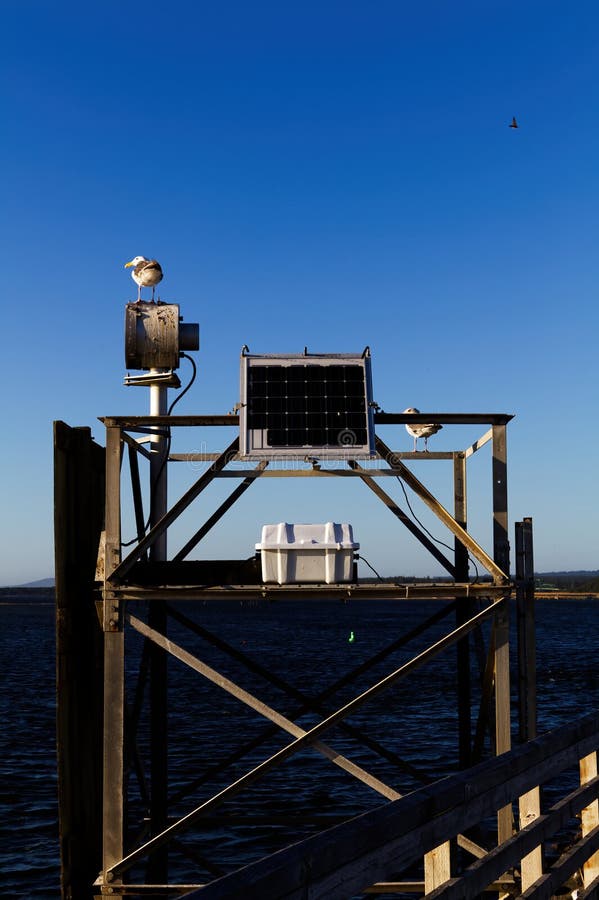Solar Panel and Seagulls on Navigational Sign Platform Stock Image ...